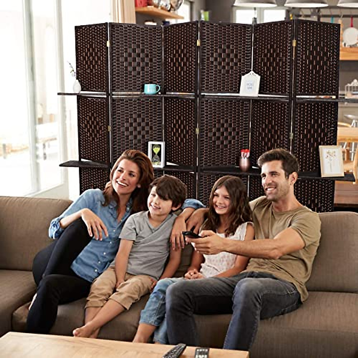 Maxhonor 6 Panels Room Divider, 6 FT Tall&Extra Wide Weave Fiber Room Divider with 2 Shelved, Double Hinged,Folding Privacy Screens, Freestanding Room Dividers (Coffee)