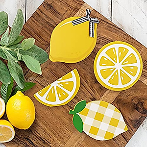 Lemon Tiered Tray Block Decor Summer Farmhouse Wooden Pieces Lemonade Yellow Buffalo Plaid Farmhouse 3D Stand Rustic Kitchen Decoration Signs Summer Gift Ideas Set of 4