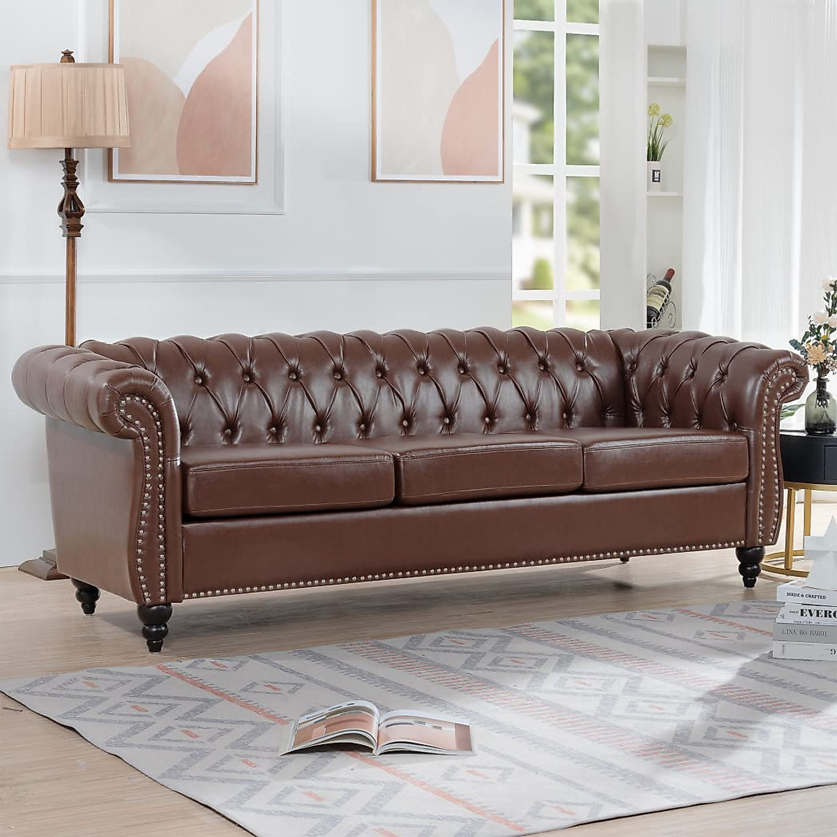 Yuxuanhang 84" Chesterfield Couch PU Leather, Modern Rolled Arm Tufted Back 3 Seater Sofa, Upholstery Nailhead Trim Couches for Living Room Office (Dark Brown)