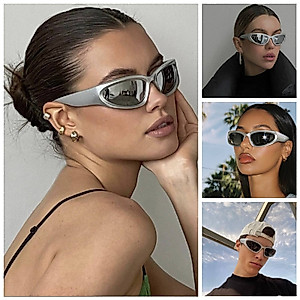 milramtob Y2K Wrap Around Sunglasses Trendy Silver Glasses Retro 90s Shades Women Futuristic