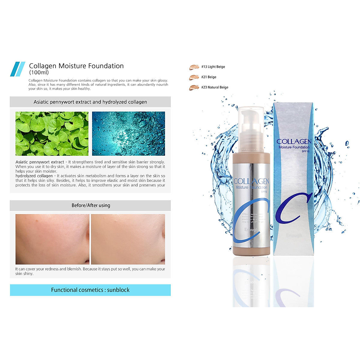 Enough Collagen, Moisture Foundation, SPF 15, 21, 3.38 fl oz (100 ml)