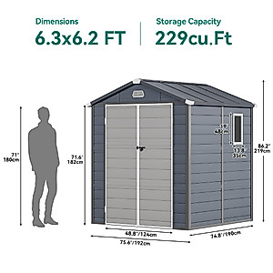 YITAHOME Resin Storage Unit sans Flooring, 6.3x6.2FT All-Weather Plastic Shed with Window, Vents and Secured Doors, Outdoor Plastic Tool Cabin for Poolside, Lawn, Backyard, Patio, Dark Gray