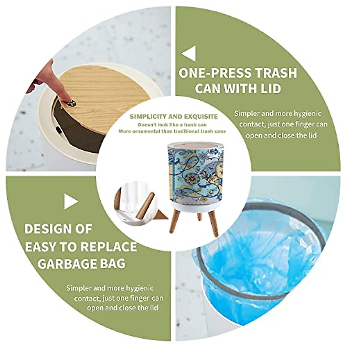 Trash Can with Lid Abstract Silk Scarf with Paisley Beautiful Oriental Paisley Classic Wood Small Garbage Bin Waste Bin for Kitchen Bathroom Bedroom Press Cover Wastebasket 7L/1.8 Gallon