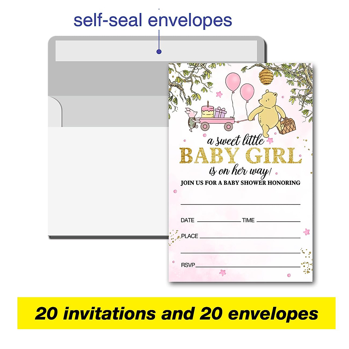 brayqu Winnie the Pooh Girl Baby Shower Party Invitations Pink Baby Shower Girl Party Invites (20 Cards with Envelopes)