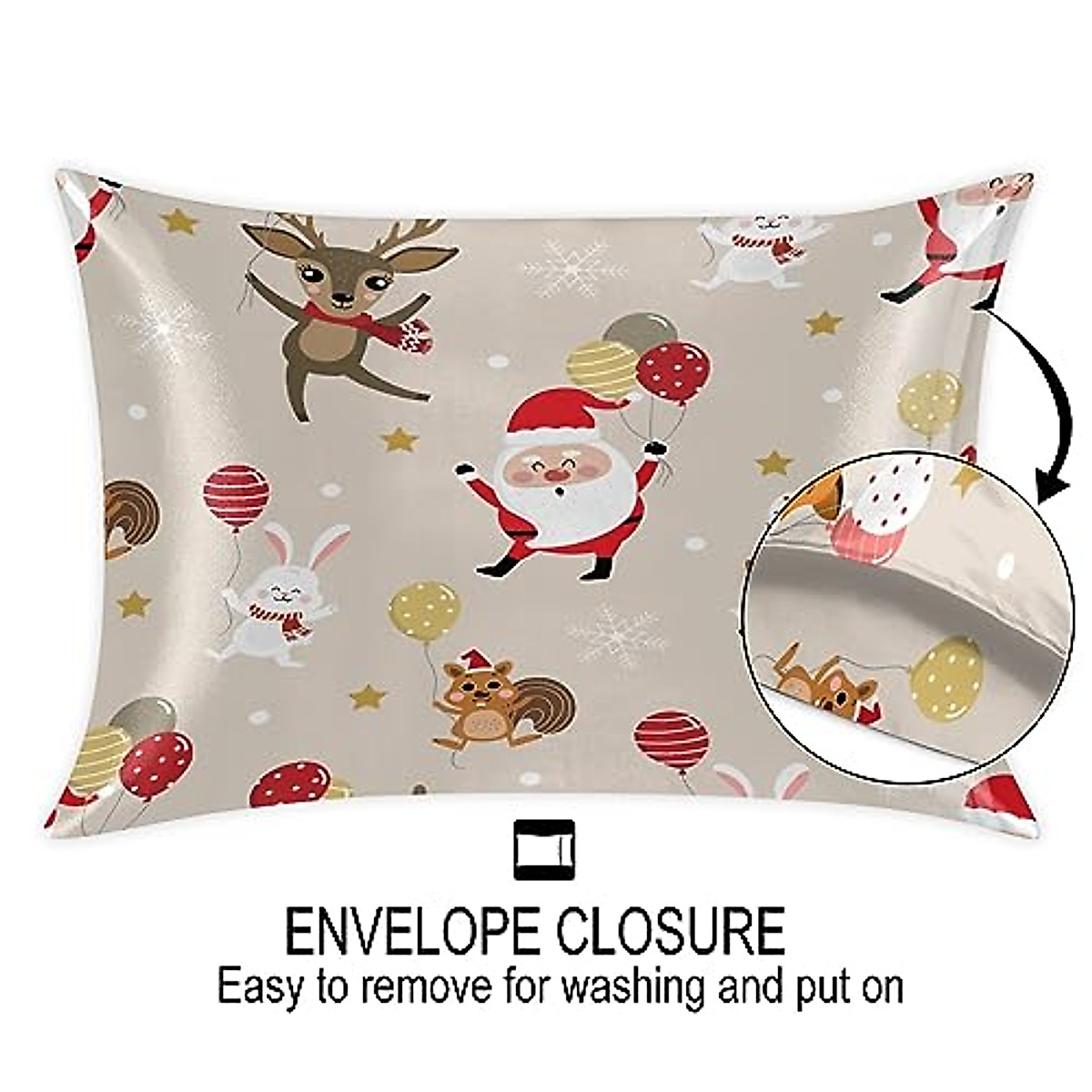 Santa Claus Balloon Satin Pillow Cases Silk Satin Pillowcase for Hair and Skin Standard Set of 2 Super Soft Silk Pillowcase with Envelope Closure (20x26 in)
