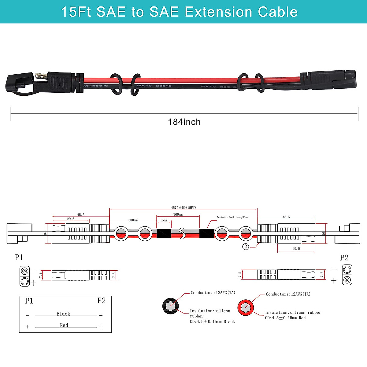 SAE Extension Cable 12AWG - 15FT SAE to SAE Extension Cord, SAE Power Automotive Extension Cable, SAE Connector 2Pin Quick Disconnect Wire Harness for Trolling Motor RV Battery Motorcycle Cars Tractor