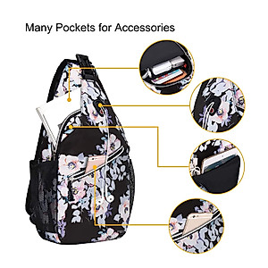 MOSISO Sling Backpack,Travel Hiking Daypack Pattern Rope Crossbody Shoulder Bag, Black Base Peachbloom