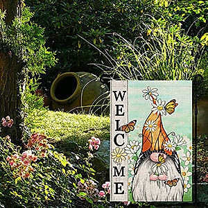 CROWNED BEAUTY Spring Summer Garden Flag Gnome Floral Butterfly Daisy Welcome 12×18 Inch Double Sided Outside Vertical Yard Flag