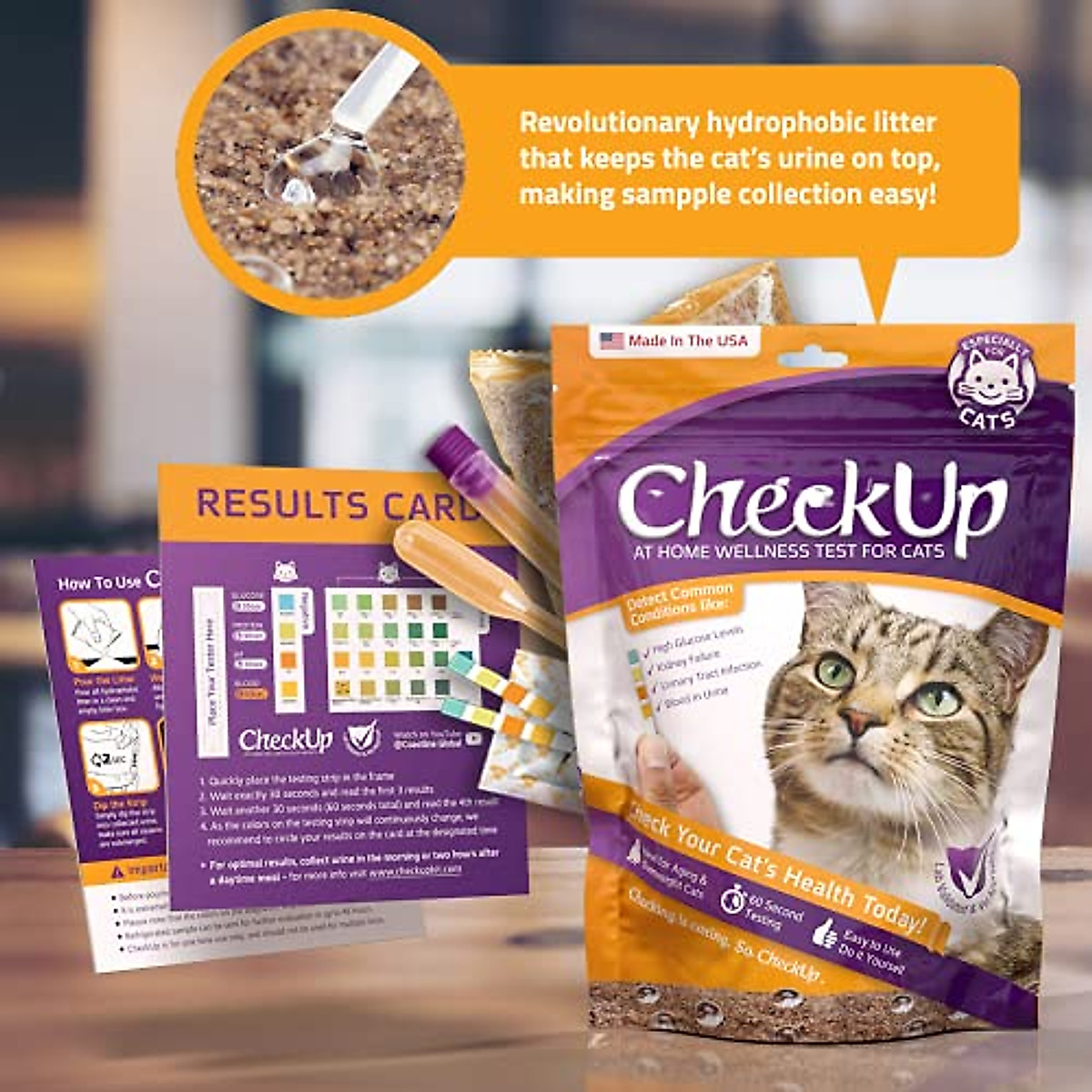 KIT4CAT CheckUp Kit at Home Wellness Test for Cats, Hydrophobic Litter for Urine Collection & Test Strips for Detection of Levels of Glucose, Protein, pH and Blood in Urine