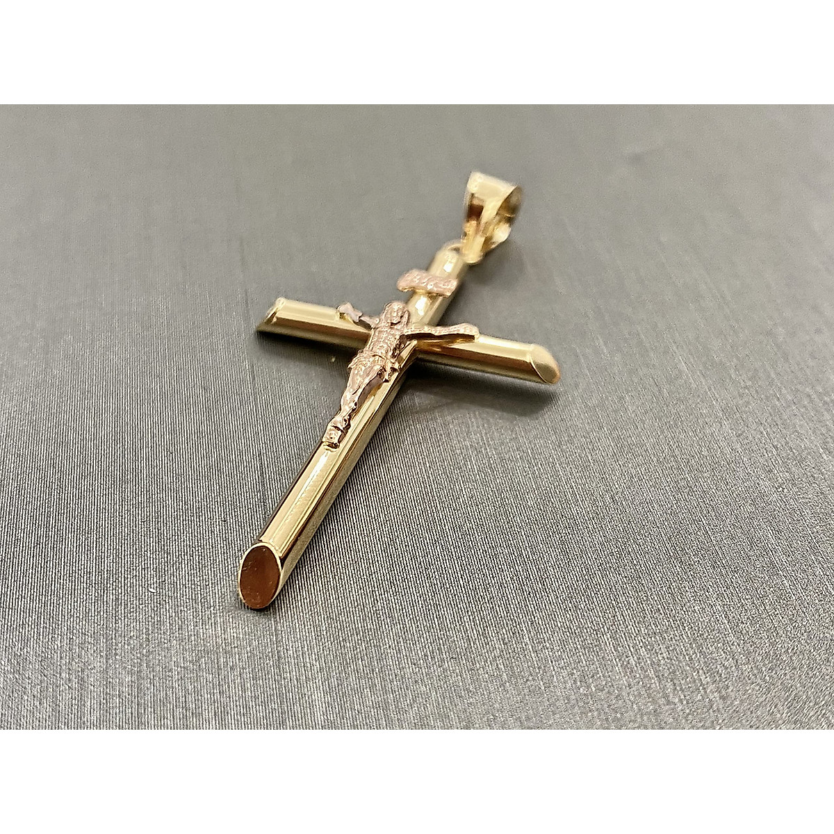 Solid 14K Yellow Rose Gold Crucifix Pendant - 38mm x 24mm Two Tone Jesus Cross Charm Religious Pendant - Suitable for Men & Women - Great Gift for Christmas & All Occasion