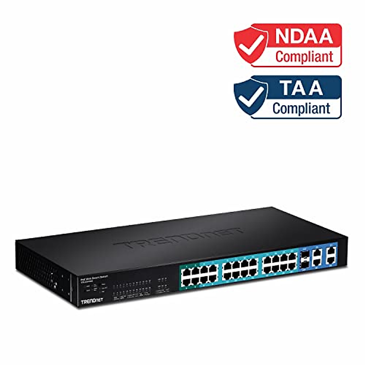 TRENDnet 28-Port 10/100Mbps Web Smart PoE+ Switch, 20 x PoE Ports, 4 x PoE+ Ports, 2 x Gigabit Ports, 2 x Shared Gigabit Ports (RJ-45 or SFP), Rack Mountable, Lifetime Protection, Black, TPE-224WS