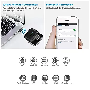 Alacrity 2D QR Wireless Barcode Scanner with Charging Base and Battery Level Indicator Bluetooth & 2.4GHz Wireless & USB Wired 3 in 1 Connection Handsfree Auto-Sense Barcode Reader Scanner