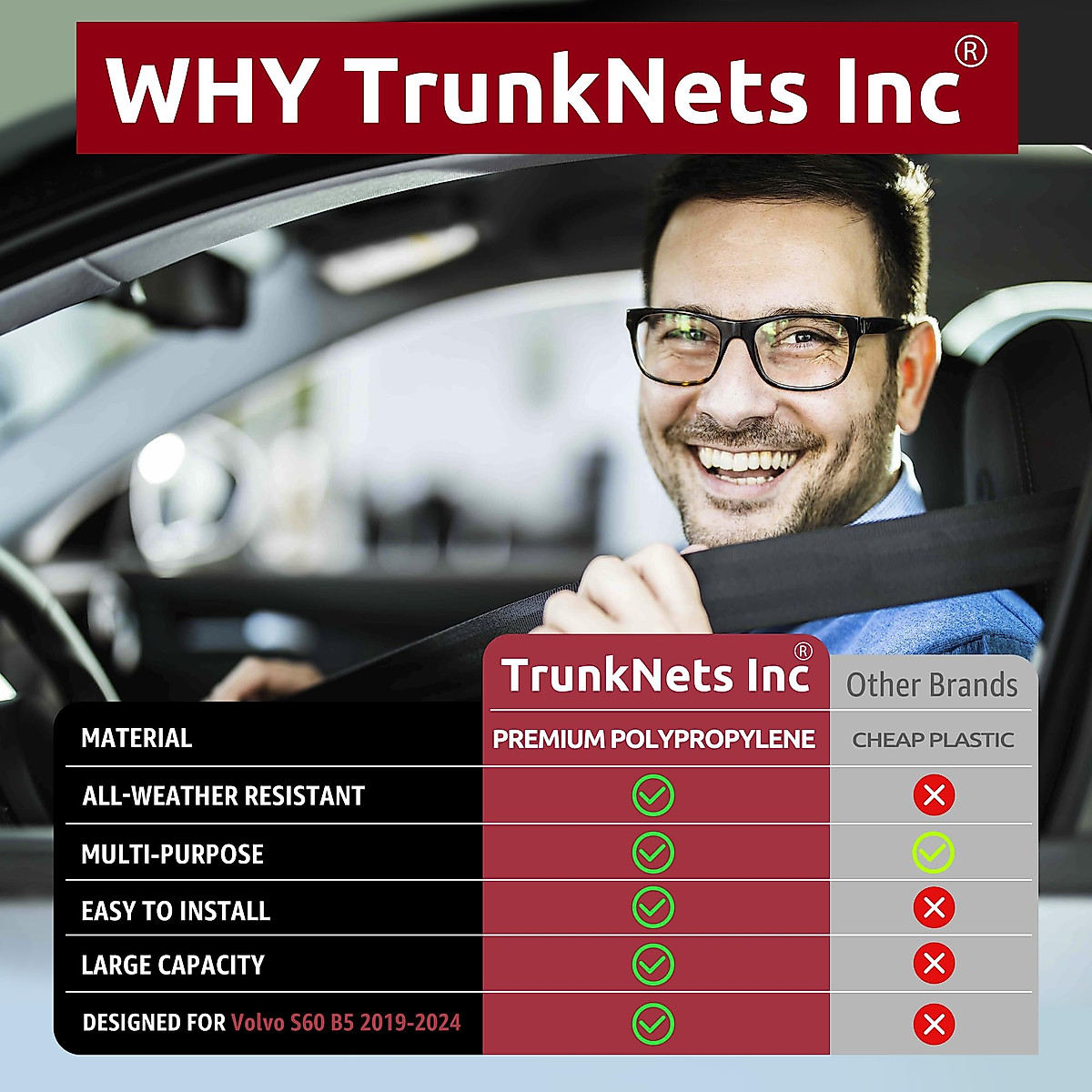 Envelope Style Automotive Elastic Trunk Mesh Cargo Net for Volvo S60 B5-2019-2025 - Premium Trunk Organizer and Storage - Luggage Net for Sedan - Car Organizer for Volvo S60 T8