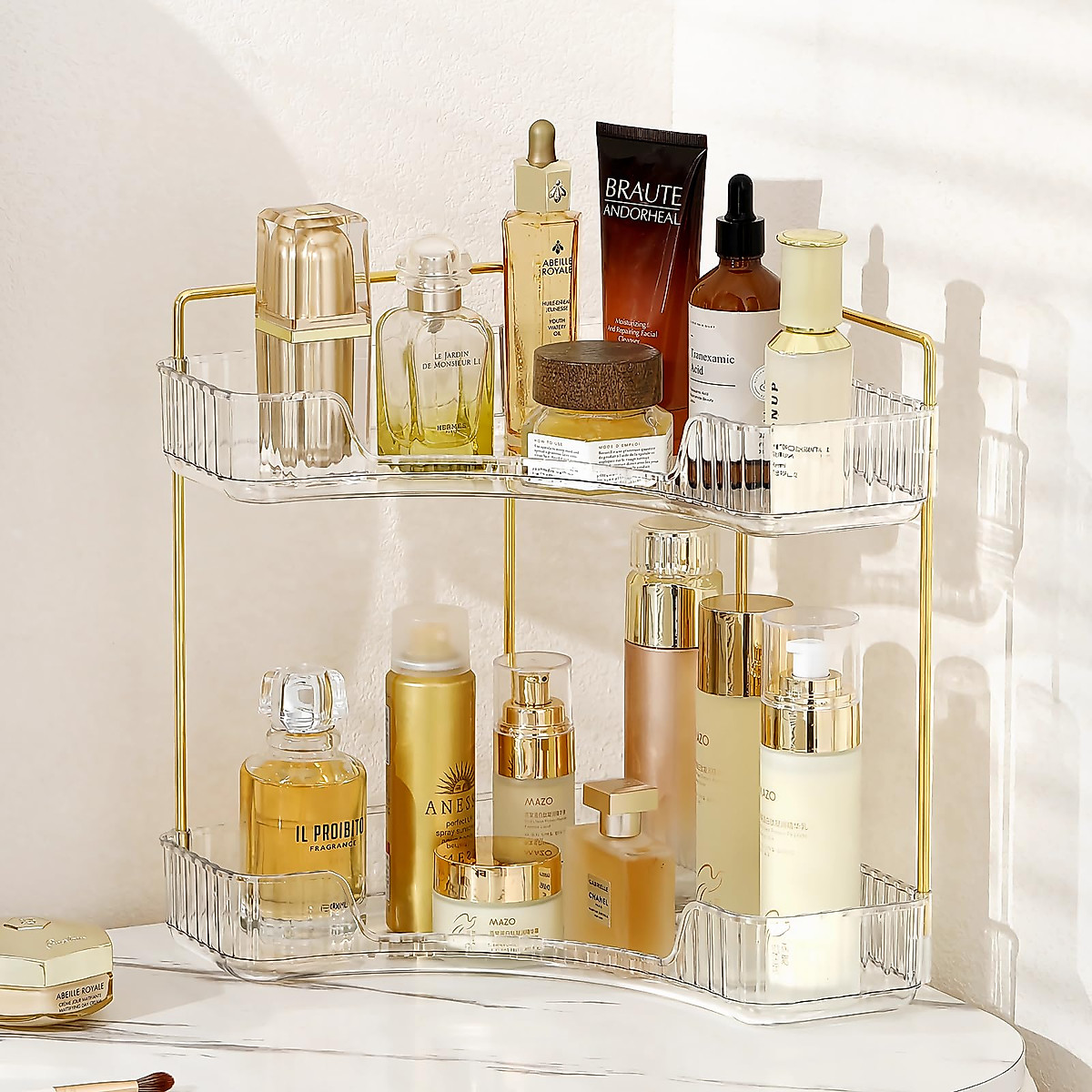 INVSSENE Corner Bathroom Countertop Organizer, Vanity Trays for Bathroom Counter, Makeup Organizer, Perfume Tray, Kitchen Spice Rack, Fits 90 Corner(Clear, 2 Tiers)