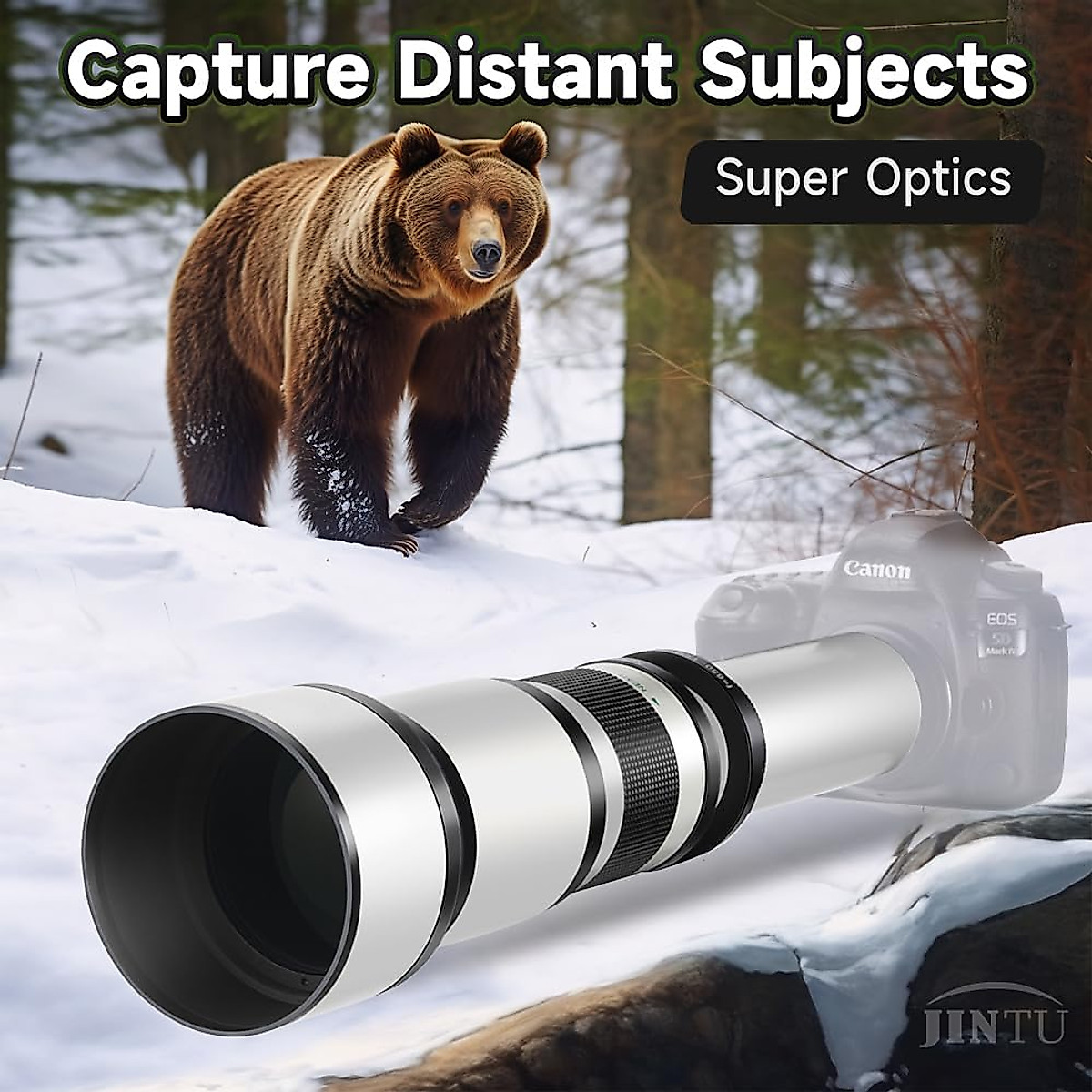 JINTU 650-1300mm f/8 Manual Telephoto Zoom Lens + T-Mount for Canon EOS Rebel SL2 SL1 T3 T3i T4i T5 T5i T6 T6i T6s T7 T7i 4000D 850D/SL3/SL2 6D Mark II/5D Mark IV/90D/80D/77D DSLR SLR Cameras