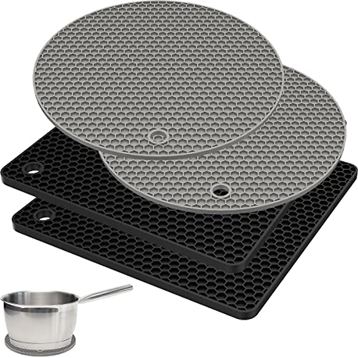 Y6S 4Pcs Silicone Trivet Mats Anti-Slip Square Round Hot Pads Heat-Resistant Hot Holders Spoon Dishes Rest Pad Easy to Wash and Dry BPA Free Dishwasher Safe for Kitchen Counter Y6S(Black and Gray)