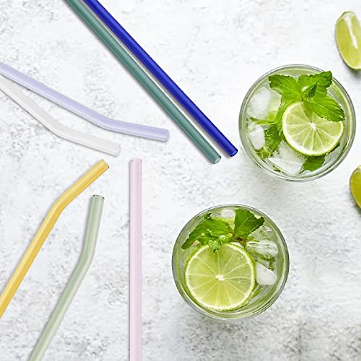 JASHII Reusable Glass Straws, 7.87"×0.3" Clear Smoothie Drinking Straws with Clean Brush, Black Travel Case for Beverages, Shakes, Milk Tea, Juices, Cocktail, 4 bent, 4 straight - Lavender