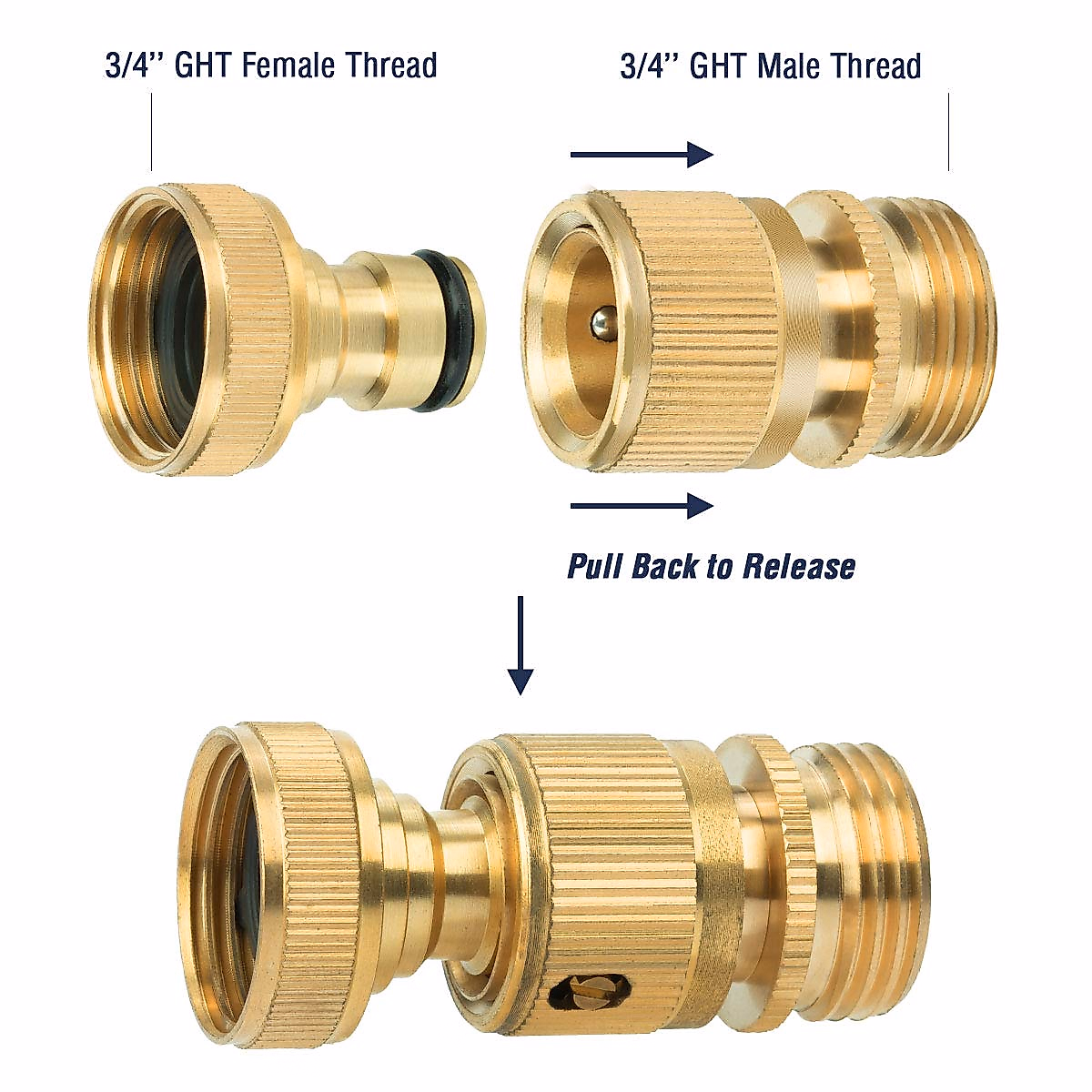 8PCS Garden Hose Quick Connector, 3/4 inch GHT Solid Brass Water Hose Thread Fittings, Easy Connect & Disconnect Adapters, Male and Female(2+2 Pairs)