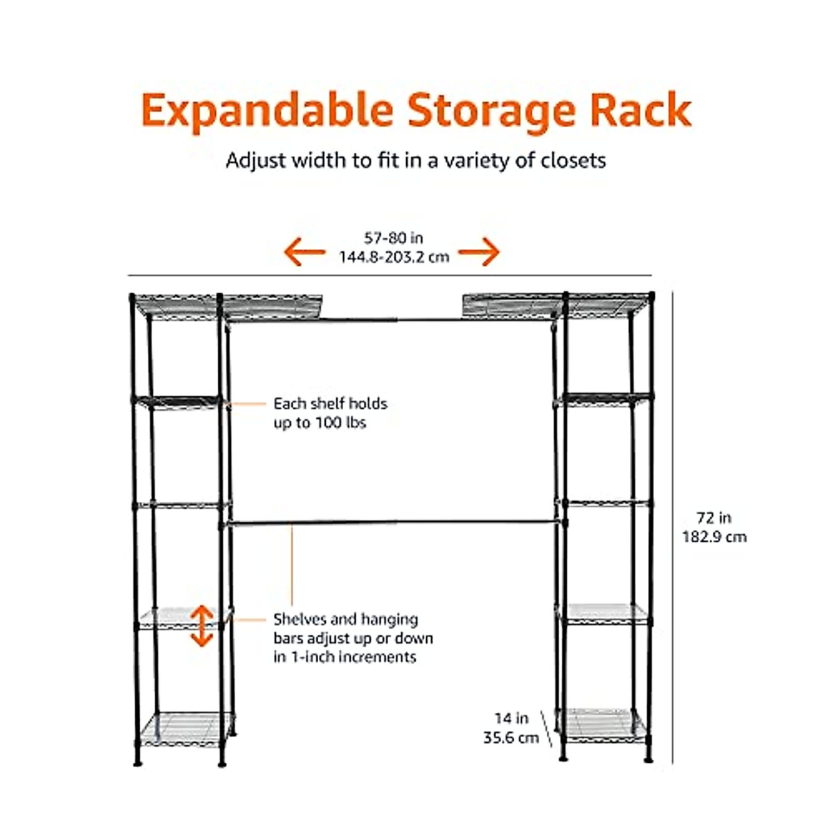 Amazon Basics Expandable Metal Hanging Storage Organizer Rack Wardrobe with Shelves, 14"-63" x 58"-72", Black