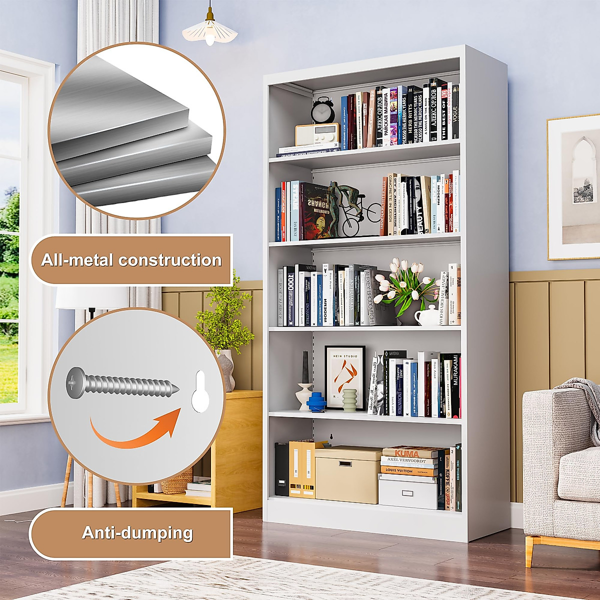 YILFANA Bookshelf,White Metal Bookshelves,33" Wide Open Bookcase with Adjustable Storage Shelves,66" Tall Book Shelf for Bedroom Living Room Home Office,5 Tier Bookcases