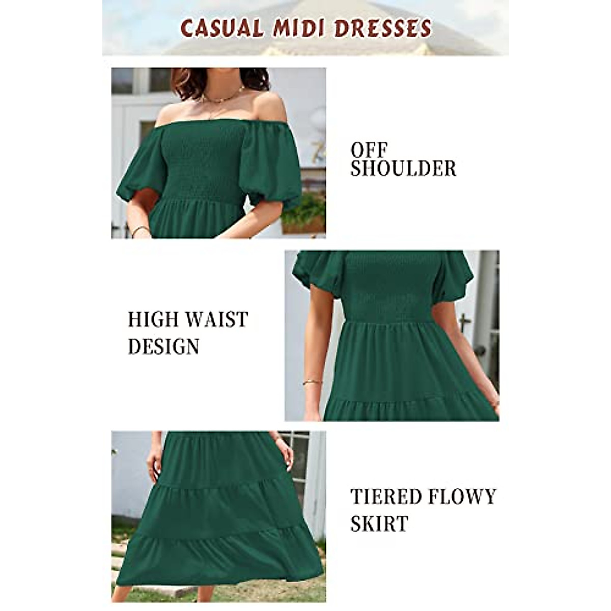 ROYAL MATRIX Women's Summer Short Puffy Sleeve Midi Dress Square Neck Smocked Flowy Tiered Beach Dress Flowy A Line Dress (Dark Green, Medium)