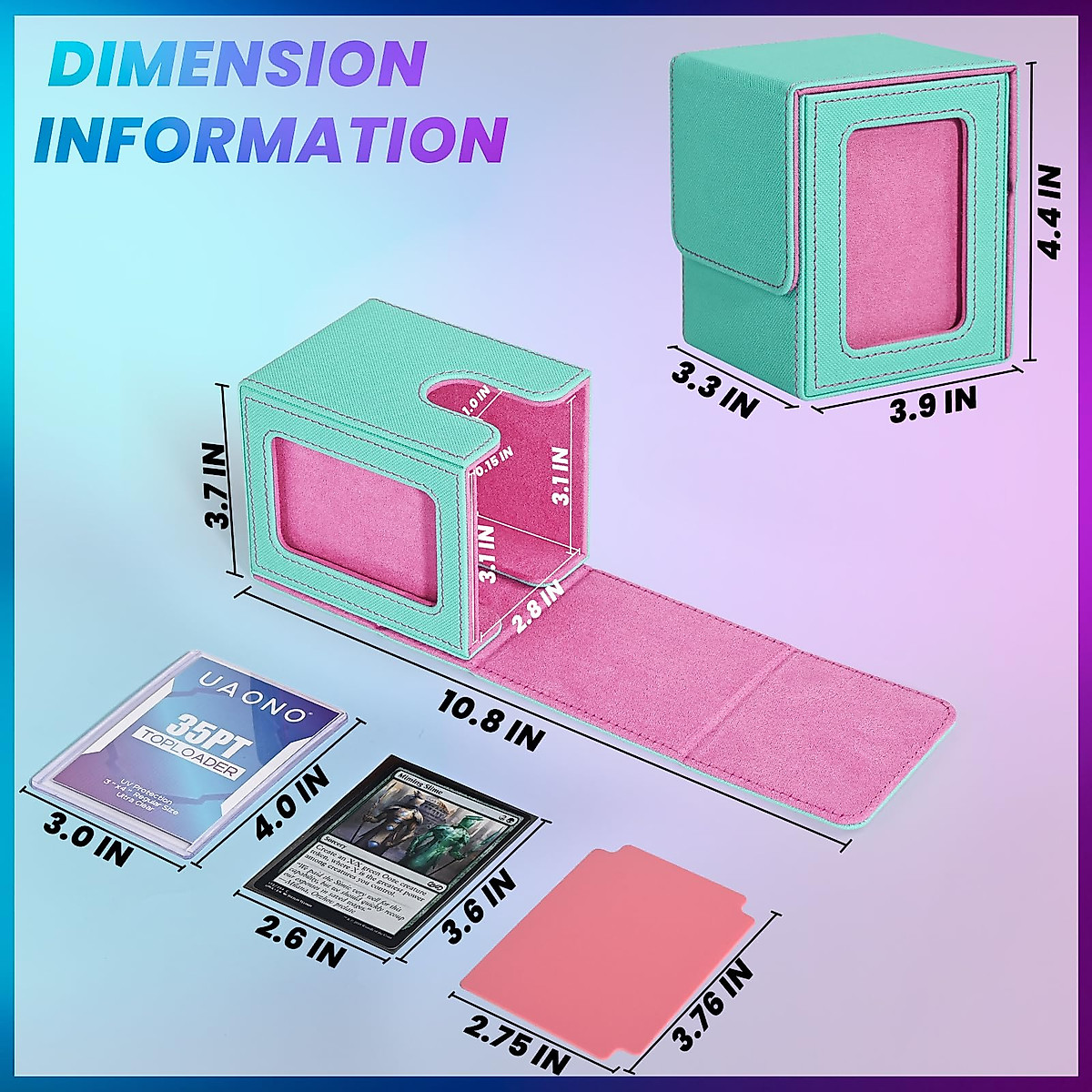 UAONO Card Deck Box with MTG Commander Display, Deck Case Holds 100+ Double-Sleeved Cards, Trading Card Storage Box Fits TCG/PTCG/Sports Card with 2 Dividers, 1 Toploader (Turquoise, Pink)