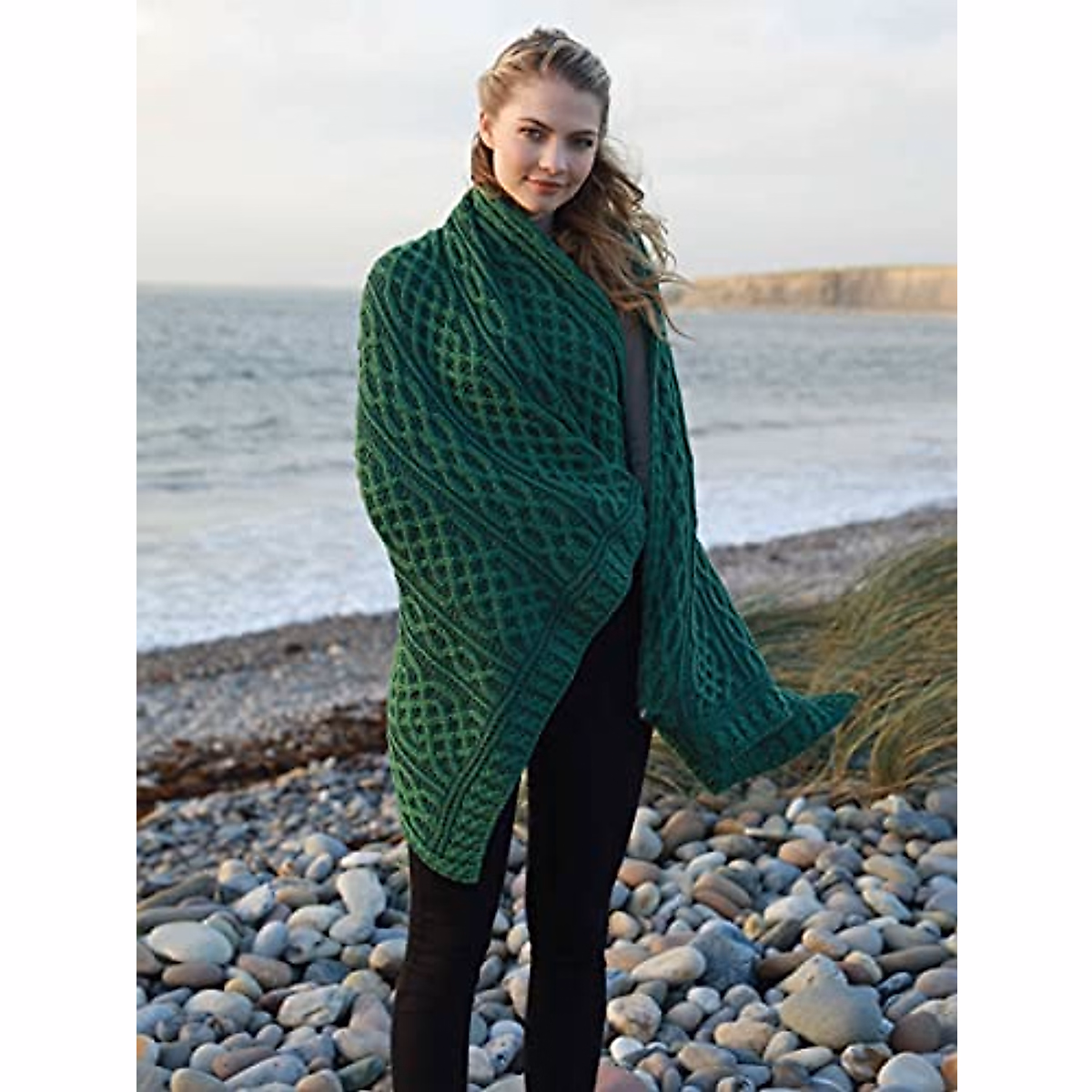 Carraig Donn Irish Cable Knit Blanket Celtic Aran Throw - 100% Merino Wool Made in Ireland - 40"x 55" (102 x 140 cm)(Kiwi/Connemara Green)