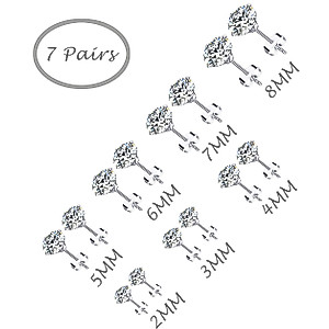 Tornito 7 Pairs 20G Stainless Steel Stud Earrings Round Cubic Zirconia Barbell Earring Set For Men Women 2MM-8MM Silver Tone