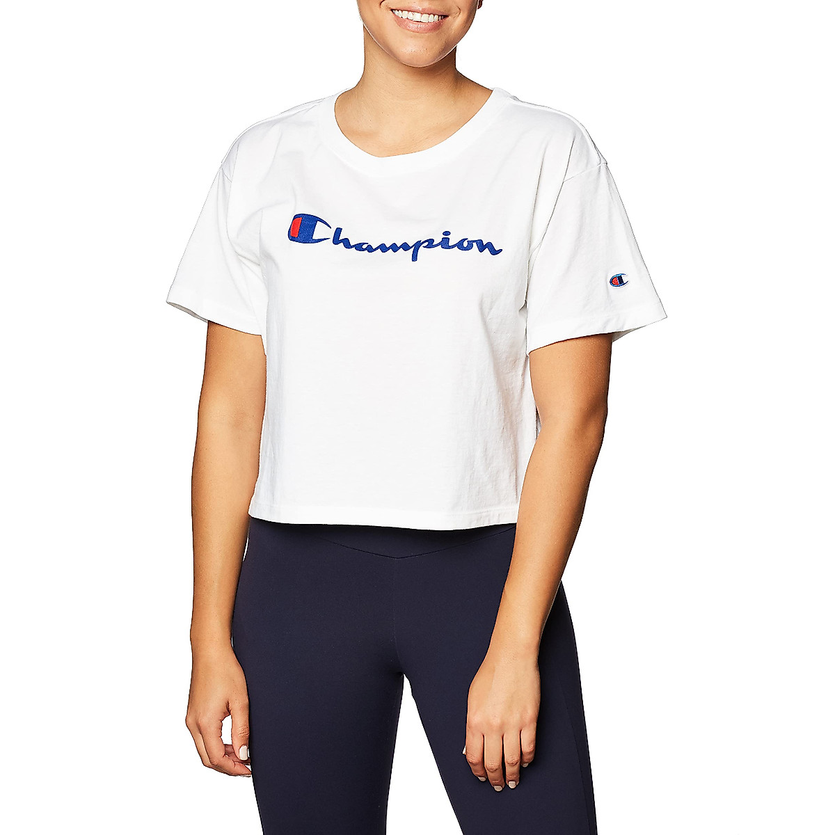 Champion womens Cropped Tee, Script Logo T Shirt, White-550757, Medium US