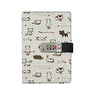 Cute Cat with Digital Password Lock, PU Leather Wided Ruled College Students Notebook Personal Travel Writing Journal Gift for Annersary Graduation(A5, Double Sided, 130Sheets/260Pages)