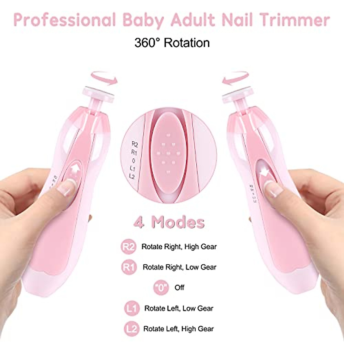 Qunlions life Glopole Baby Nail Trimmer File with Light - Safe Electric Nail Clippers Kit for Newborn Infant Toddler Kids Toes and Fingernails - Care, Polish and Trim - Battery Operated (AA), Pink