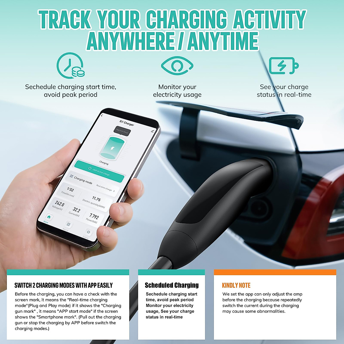 AIMILER Level 2 Tesla Charger(Wireless WiFi APP), 240V, 32 Amp, NEMA 14-50 Plug, 25ft Cord - Portable/Home NACS Connector Electric Car(EV) Charger for Tesla - Compatible with Tesla Model X/Y/3/S