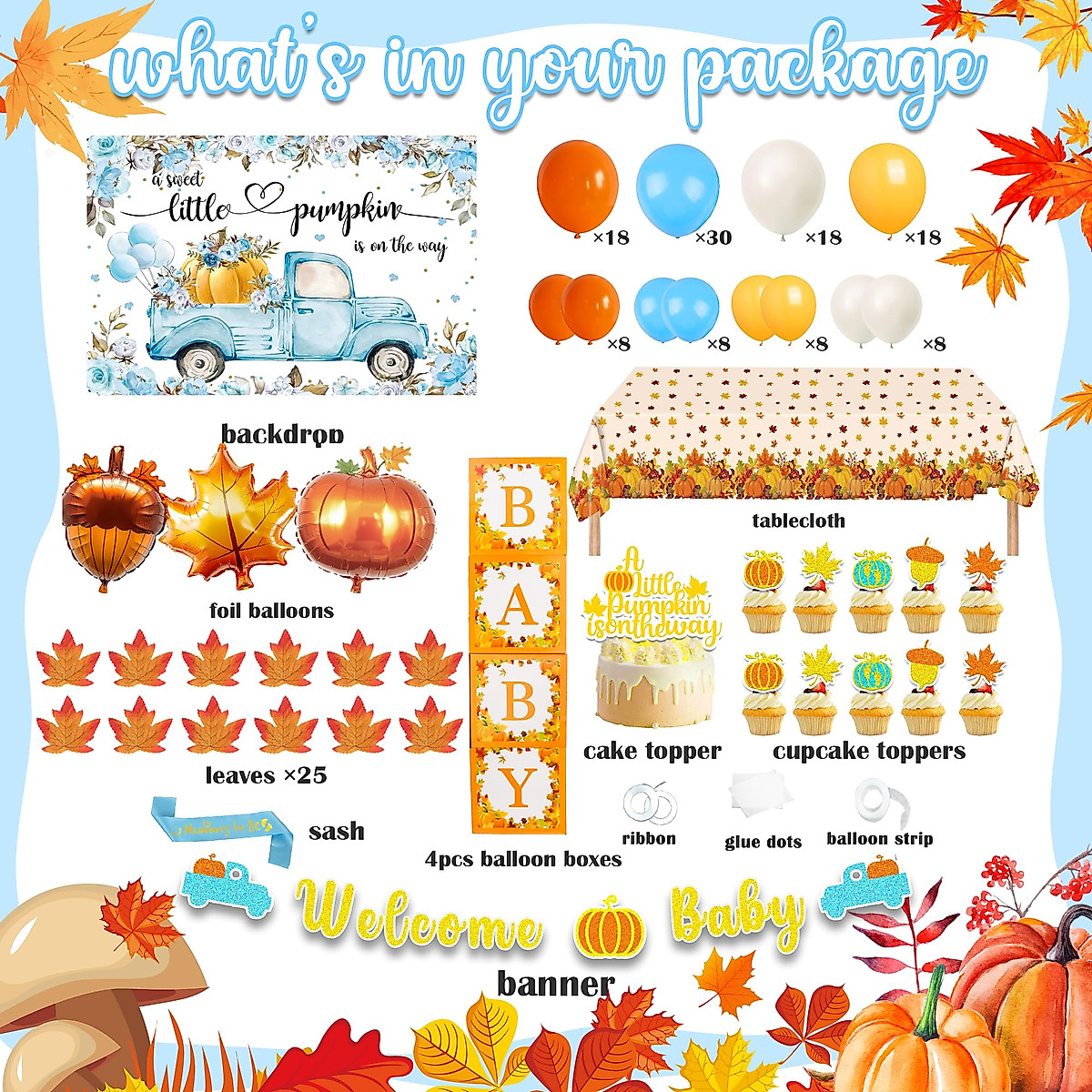 A Little Pumpkin is On the Way Baby Shower Decorations, Thanksgiving Pumpkin Baby Boy Baby Shower Decorations Kit, Fall Pumpkin Baby Shower Boy Supplies, Autumn Baby Shower Decorations for Boy