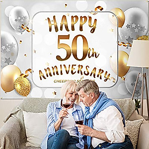 PAKBOOM Happy 50th Anniversary Backdrop Banner - Cheers to 50 Years Anniversary Party Decorations Supplies for Parents - 3.9 x 5.9ft Silver