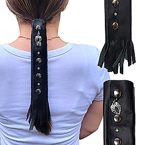 Black Leather Hair Wrap 8" Inch - Ponytail Wrap & Long Hair Protector for Biker Helmet | Motorcycle Accessories for Women with Fringe | Made in USA | Accessory