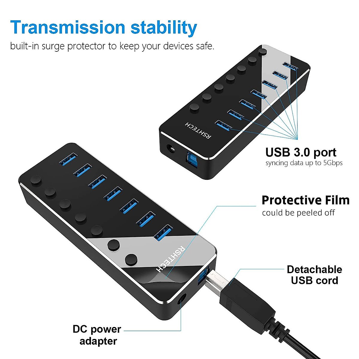 RSHTECH 7 Port Powered USB 3.0 Hub with AC Adapter + 7 in 1 USB C Hub with 8K HDMI Port, 3 10Gbps USB 3.2 Data Ports, 100W PD and SD/TF Card Reader