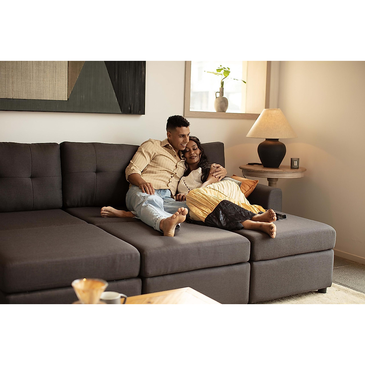 LINSY HOME Oversized Modular Sofa, Rubik III 4 Seat Modular Sectional Couch with 4 Ottomans, U Shaped Sleeper Sofa with Storage, All Covers Changeable Washable, Dark Grey