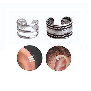Handmade Silver 2Pcs Ear Cuffs Non-Piercing Earrings, 925 Sterling Silver, Fake Cartilage Helix Non-Pierced Ear Clip on for Women, Tiny Triple Band & Wide Band Ear Wraps, By Miya Jewelry