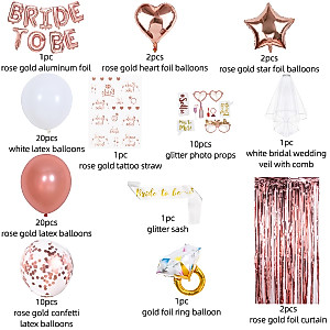 EFAILY Bachelorette Party Decorations - Rose Gold Bridal Shower Party Decor and Supplies Kit Bride To Be Sash, Veil, Temporary Tattoos, Confetti Balloons Pack Fringe Curtain.