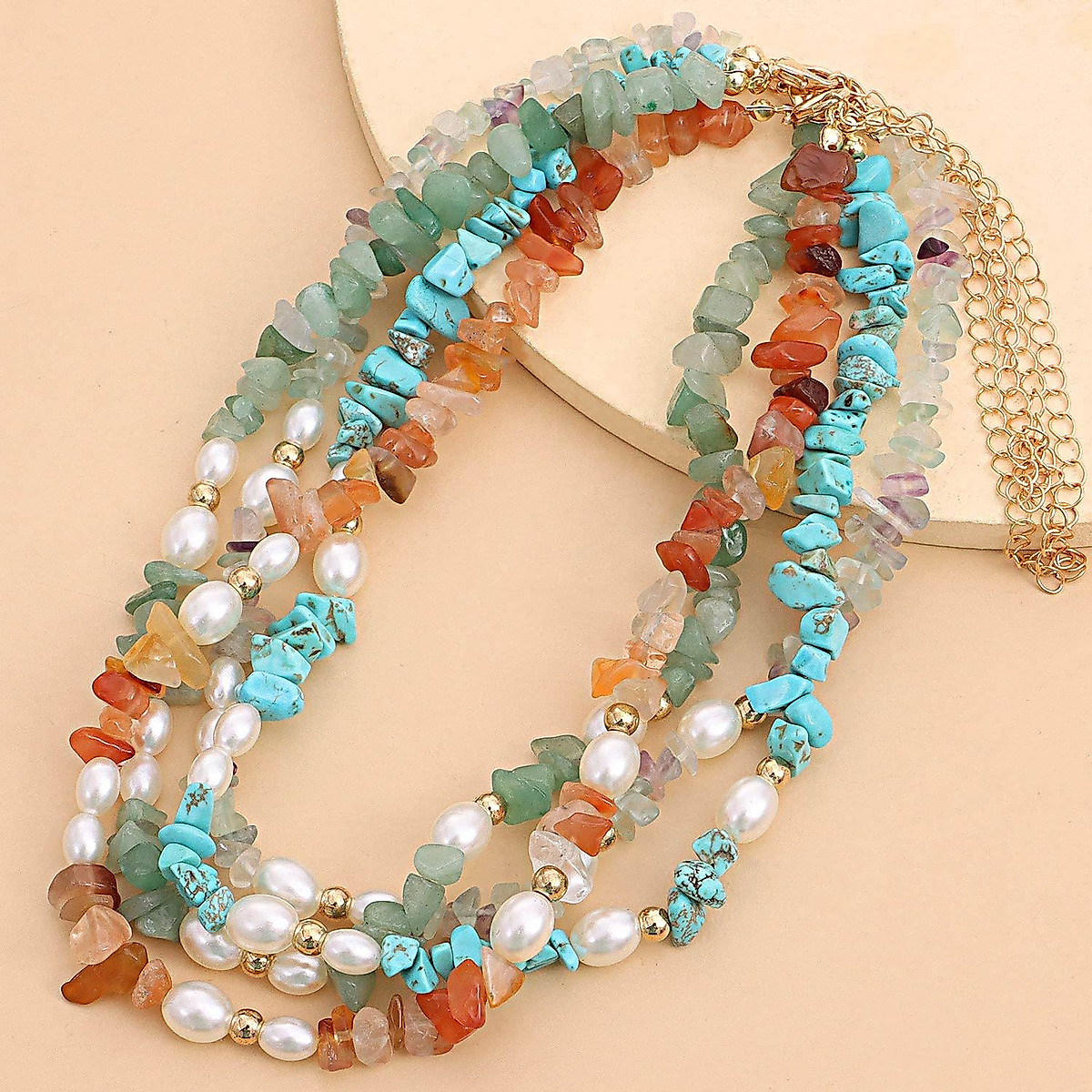 Bohemian Pearl Carnelian Crystal Necklace Green Transparent Crystal Natural Irregular Stone Choker Turquoise Beaded Necklace for Women Jewelry-light