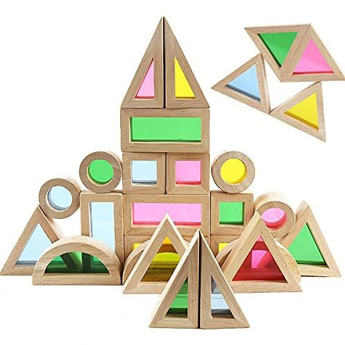 Agirlgle Wood Building Blocks Set for Kids 24 Pcs Rainbow Stacker Stacking Game Construction Toys Set Preschool Colorful Learning Educational Toys - Geometry Wooden Blocks for Boys & Girls