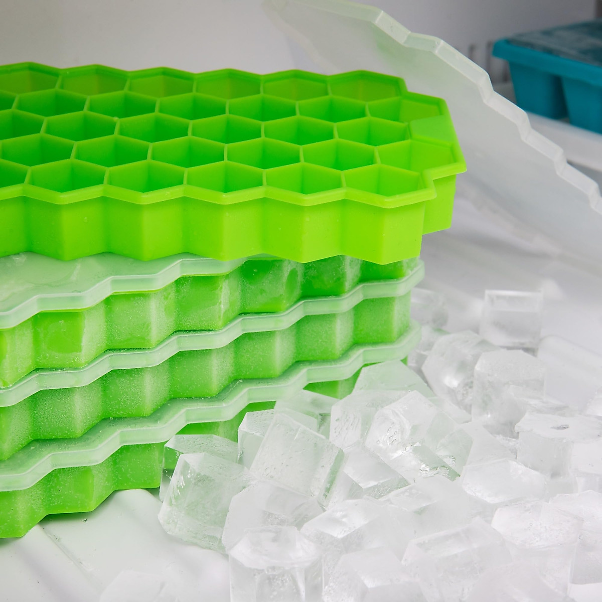 Mind Reader Mini Ice Cube Trays, Honeycomb Mold, Cover, Reusable, Stackable, Freezer, Silicone, 8"Lx5"Wx1"H, Set of 4, Green
