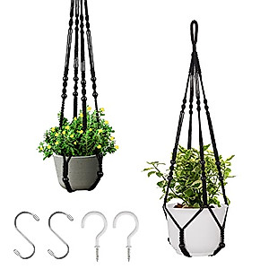 RIFNY 29 Inch Macrame Plant Hanger Indoor, Small Hanging Planter Basket Woven Boho Rope Hanger Kits with Metal S Hooks for Up to 8 Inch Plant Pots Indoor Outdoor Home Decro No Tassels (2PACK-Black)