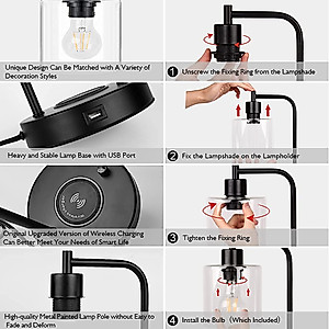 E-Senior Set of 2 Industrial Table Lamp, Wireless Charging Nightstand Lamp, Bedside Lamp with USB, Fully Stepless Dimmable Table Lamp for Bedroom Living Room Office (LED Bulbs Included)