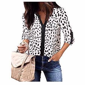 Gaharu Long Sleeve Blouses Women's Fall Tunic Tops Home Wear Henley V Neck Cuffed Sleeve Contrast Color Leopard Shirts for Jeans White Leopard,XX-Large