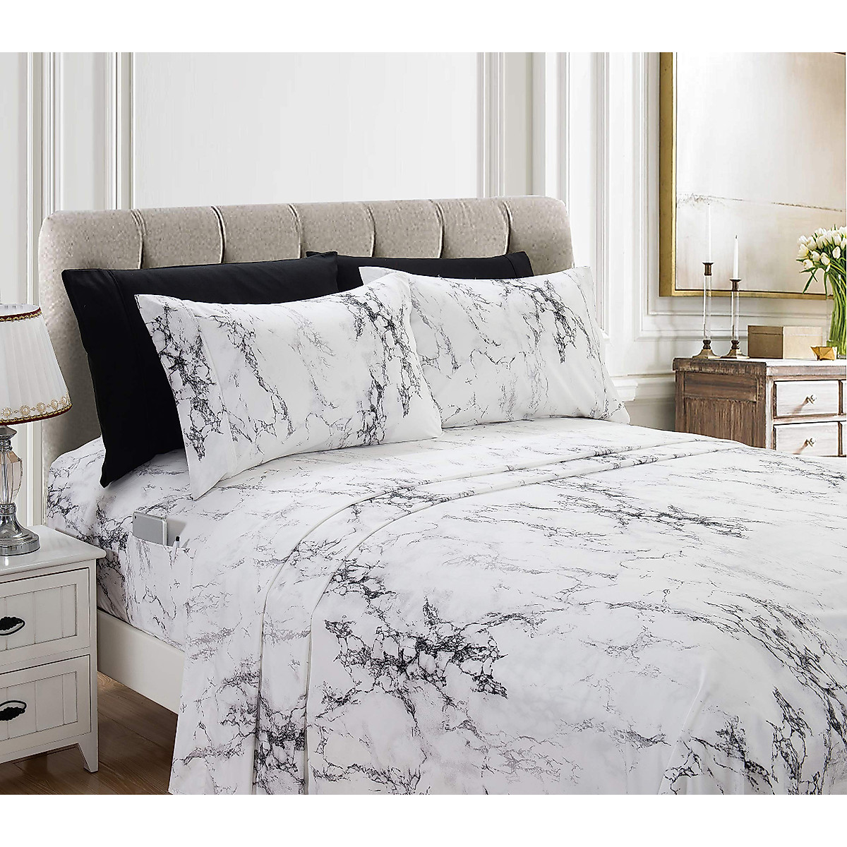 Elegant Comfort Luxury Soft Bed Sheets Marble Pattern - 1500 Premium Hotel Quality Microfiber Softness Wrinkle and Fade Resistant (6-Piece) Bedding Set, Full, White
