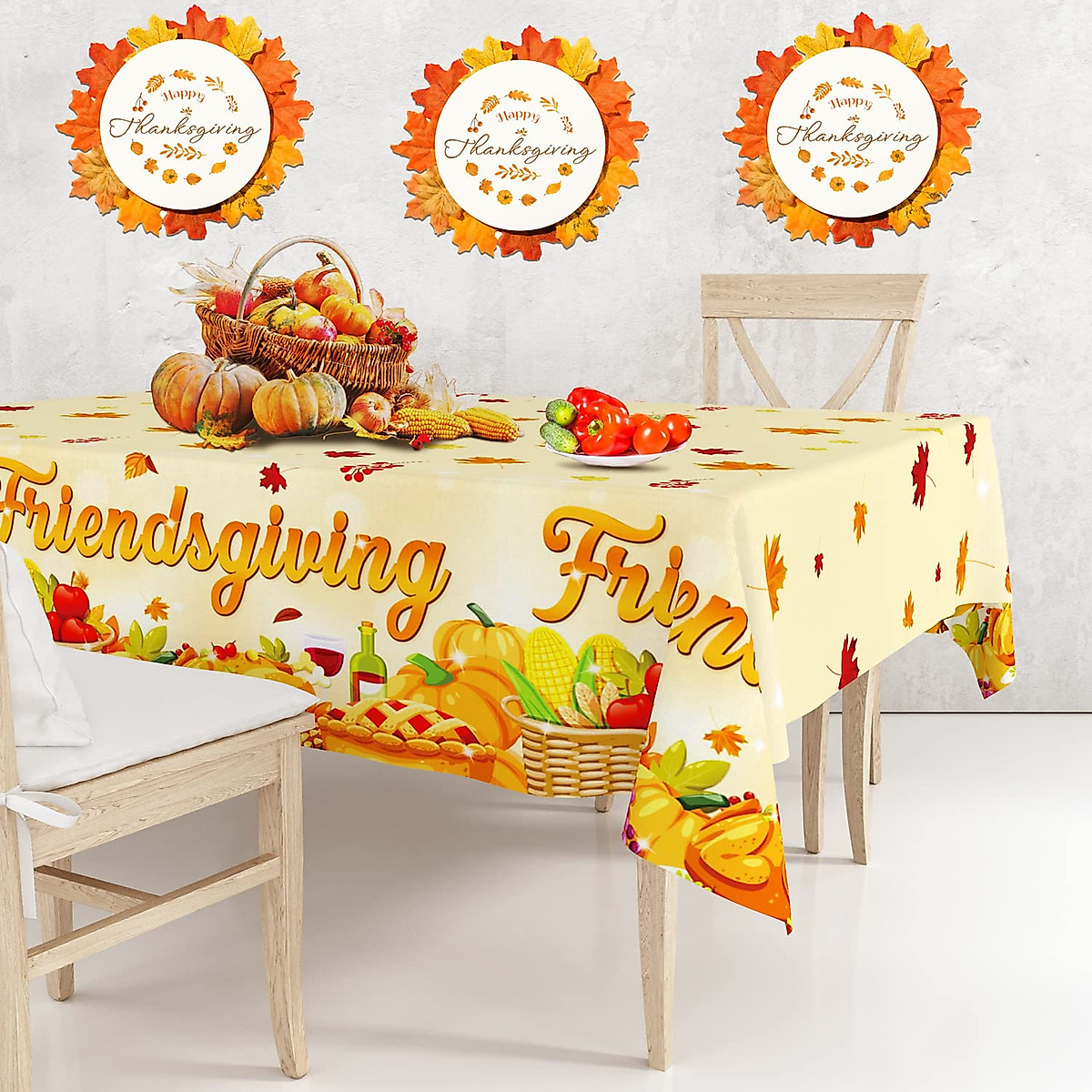 tineit 3 Pieces Friendsgiving Tablecloth, Happy Friendsgiving Decorations Plastic Tablecovers, Rectangle Friendsgiving Table Decorations for Fall Thanksgiving Friendsgiving Party, 108 * 54