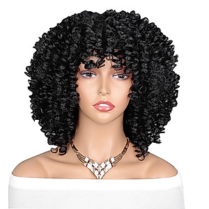AISI HAIR Curly Afro Wig with Bangs Shoulder Length Wigs Curly Black Wig Afro Kinkys Curly Hair Wigs Synthetic Wig Curly Full Wig for Black Women (Black)…