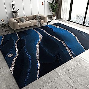 Luxury Navy Blue Marble Area Rug, Black Starry Silver Lines Living Room Rugs, Non Slip Machine Washable Easy Care Carpet for Indoor Bedroom Study Apartment Home Decor - 3 ft x 4 ft