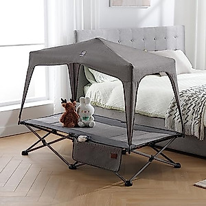 EVER ADVANCED Portable Deluxe Toddler Sleeping Cot with Canopy, Foldable Kids Camping Cot Travel Bed, with Carry Bag, for Indoor & Outdoor,140lbs, Grey